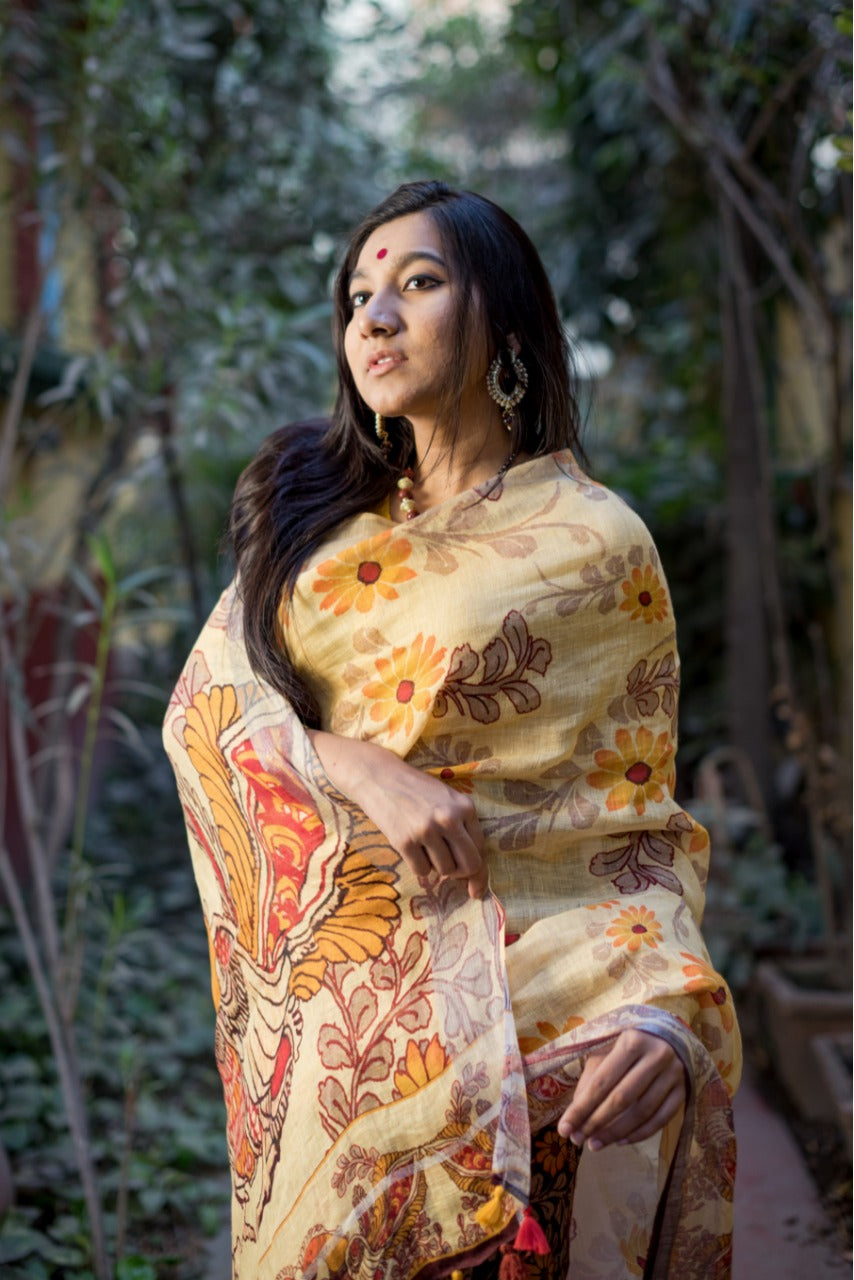 Cream Bengal Handloom Linen Saree | Shop Linen Sarees Online | Jhakhas