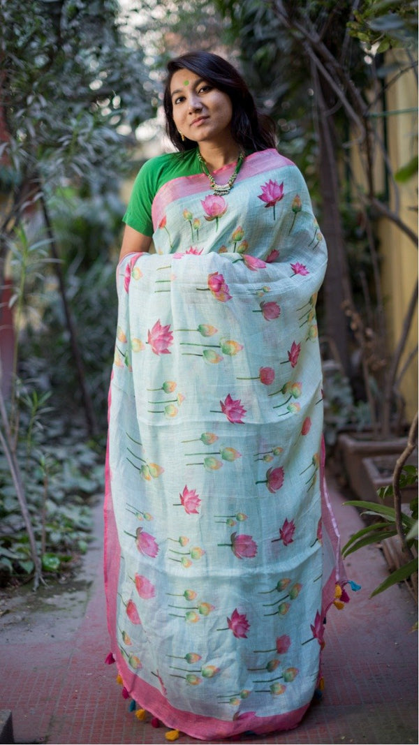 Linen Sarees | Buy Designer Floral Printed Linen Saree - Jhakhas ...