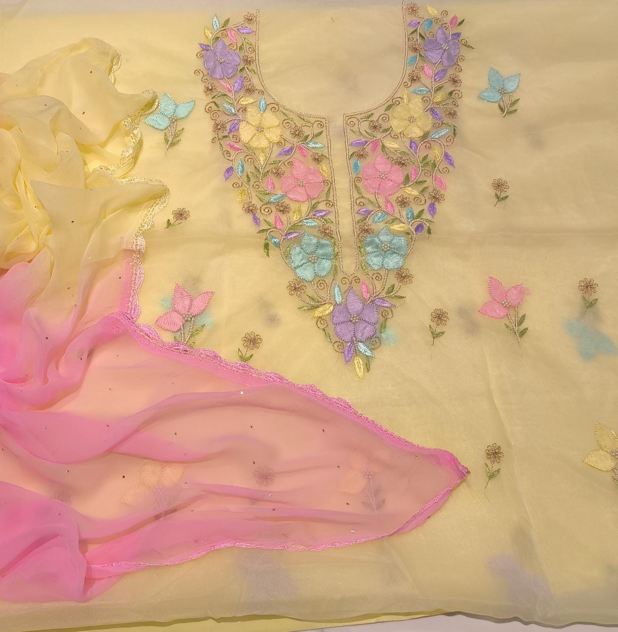 Yellow Unstitched Organza Suit Set| Organza Dress Material |Jhakhas